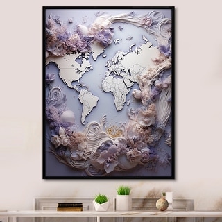 Designart "Ethereal Lavender World Map" World Map Framed Canvas Wall ...