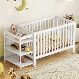 2-IN-1 Wood Full Size Platform Bed Crib with Changing Table and 2 ...