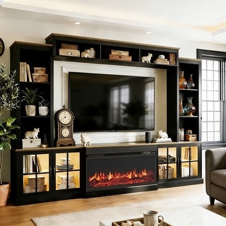 98" Fireplace TV Stand with Glass Doors and Open Shelves, Modern ...