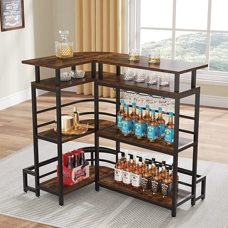 L-Shaped Liquor Bar Table with Glass Holders and Shelves with Footrest ...