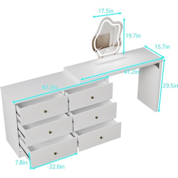 Vanity Desk with Lighted Mirror, Extendable Vanity Table with 6 Drawers ...