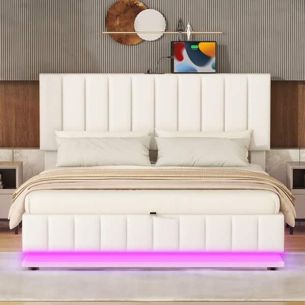 Lift Up Bed Frame Wood Slats Headboard USB Led Light Underbed Storage ...
