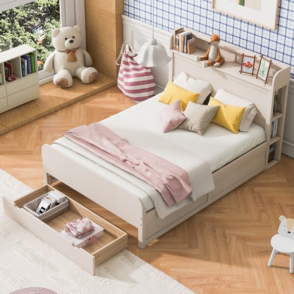 Heavy Duty Full Platform Bed Frame with Multi Storage Space Bedroom Superior Quality Storage Bed for Kids Teens Adults Cream