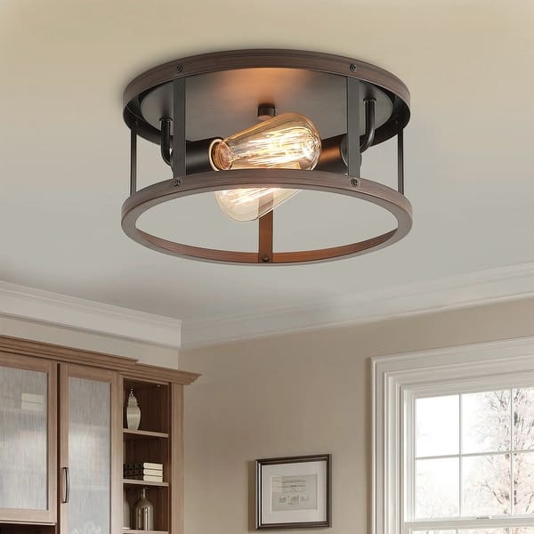 Vintage Black and Brown 2-Light Flush Mount Cylinder Shape Lighting ...