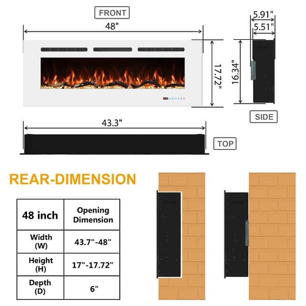 48 in. Electric Fireplace Inserts, Wall Mounted with 13 Flame Colors ...