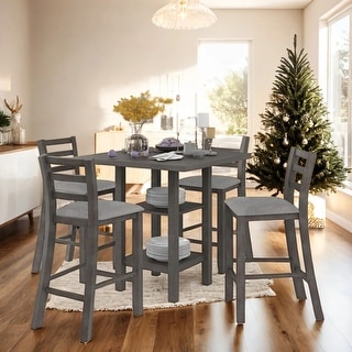 Wooden Counter Height 5-Piece Dining Table Set With 4 Padded Chairs And ...