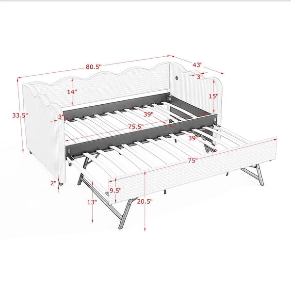 Gingham Upholstered Bed Wave-Shaped Daybed Linen Fabric Sofa Bed with ...