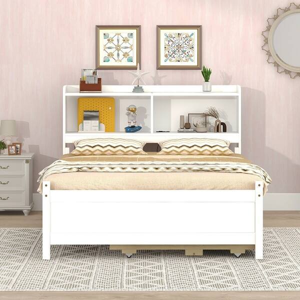 White Full Storage Bed Frame w/ Twin Trundle and LED light, Bookcase ...