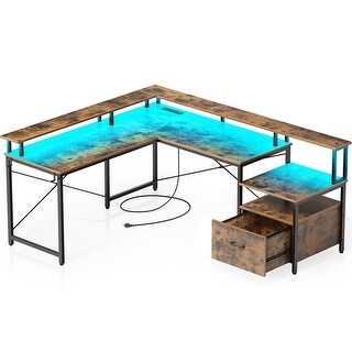 Computer Desk with File Drawer, 68" L Shaped Desk with Power Outlet ...