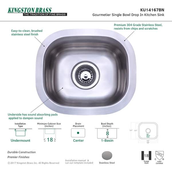 Kingston Brass 17.93" Undermount Single Basin Stainless Steel Kitchen ...