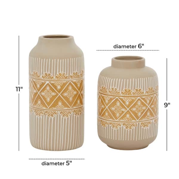 Beige Ceramic Handmade Floral Decorative Vase with Diamond Pattern (Set ...