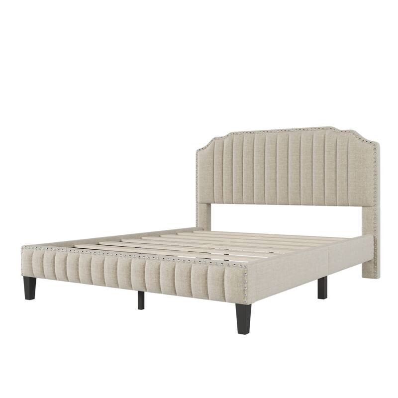 Queen Size Modern Linen Curved Upholstered Platform Bed Solid Wood