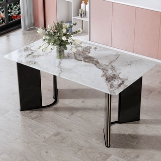 Rectangular Glass Dining Table Marble Top Sturdy MDF 2C-Shaped Bracket ...