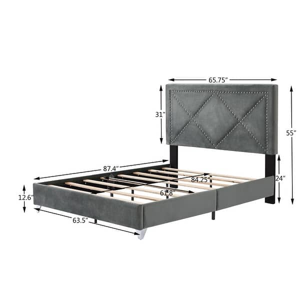 Stitched Tufted Gray Headboard Platform Bed Frame Metal Legs - Queen ...
