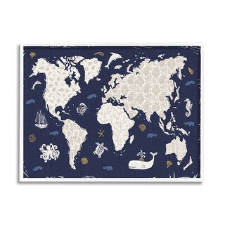 Stupell Blue Patterned World Map Framed Giclee Art Design by Daphne ...