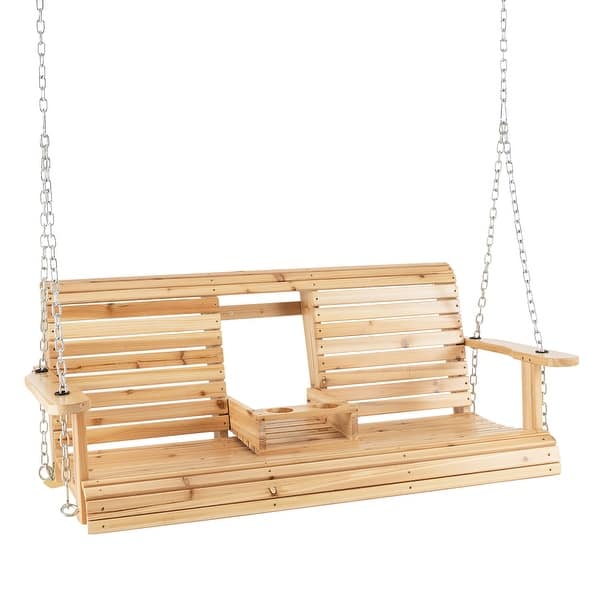 Costway 2-seat Wood Swing Bench with Folding Cup Holder and Sturdy - 59 ...