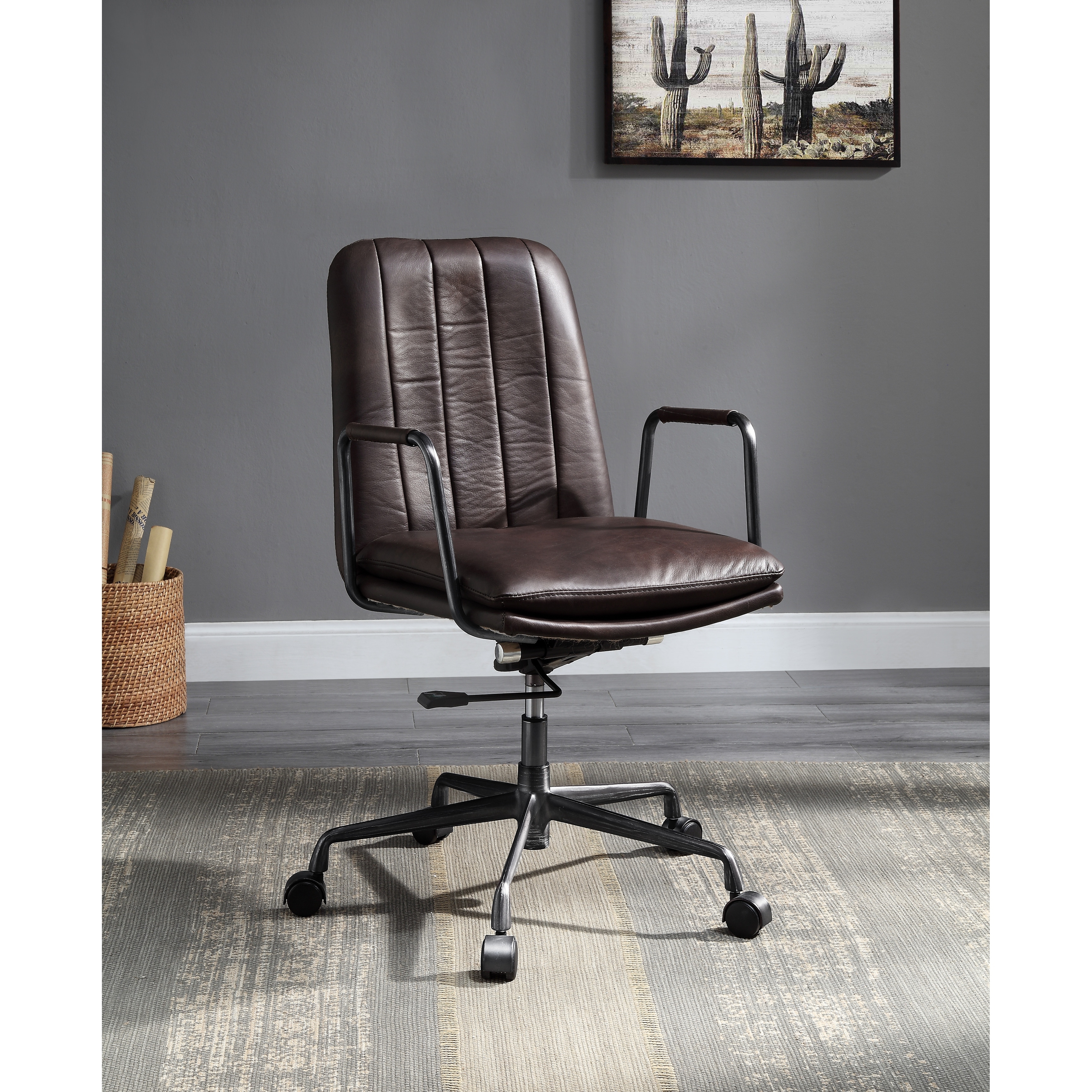 Dark Brown Office Chairs Leather Cushion Cushion Rotatable and Height Adjustable Metal Base