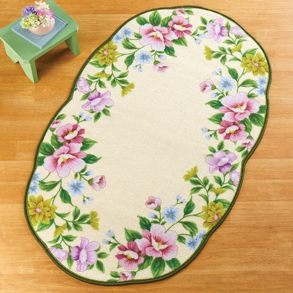 Colorful Floral Scalloped Ivory Soft Tufted Oval Rug - 29" x 48" - Bed ...