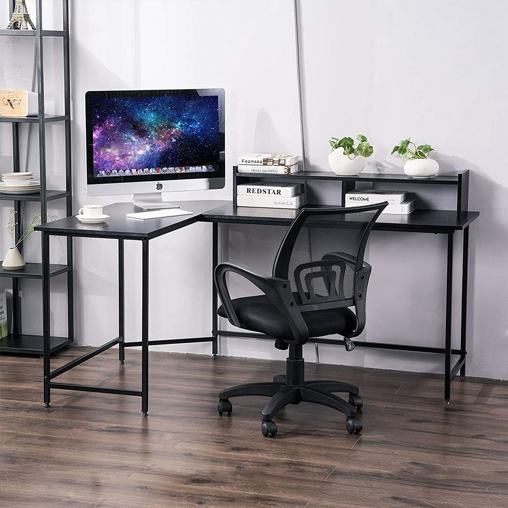 Modern L-Shaped Computer Office Desk with Monitor Stand Walnut - Bed ...
