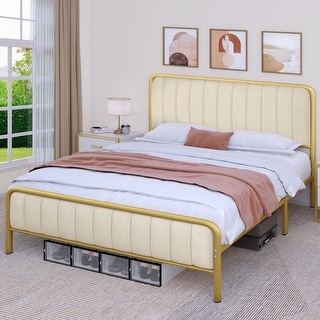 Queen Gold Metal Bed Frame with Velvet Headboard - Bed Bath & Beyond ...