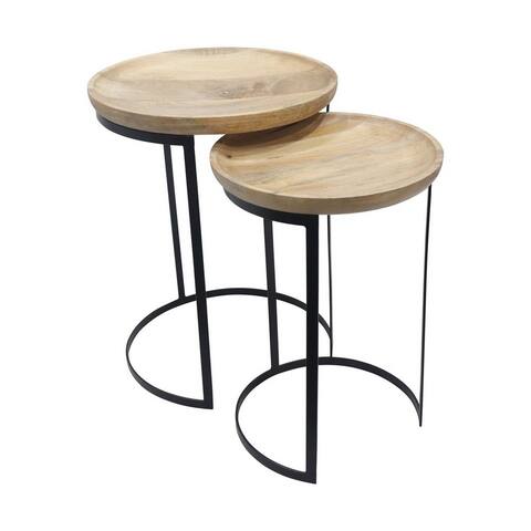 Wooden Round Top Side Table with Metal Tubular Frame, Set of 2, Black ...