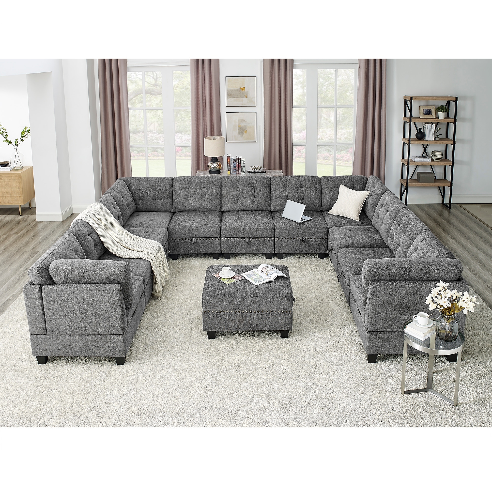 Chenille Modular Corner Sofa Set L-shape Sectional Sofa w/Ottoman - Bed ...