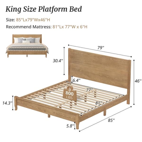 Solid Wood Panel Platform Bed with Headboard, Double Size Beds Wooden ...