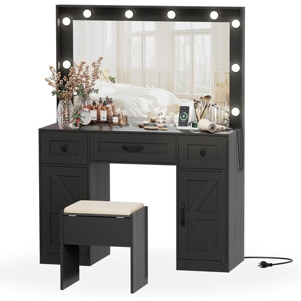 43.3 Wide Makeup Vanity Dressing Table with Adjustable Lighted Mirror and Stool Power Outlet On Sale Bed Bath Beyond 38881313