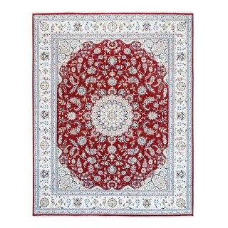 Hand Knotted Red Nain with Silk Oriental Rug (7'11" x 11'9") - 7'11" x ...