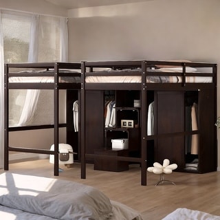 Space-saving Bed with Guardrails and Ladder, Wooden Bed with Staircase ...