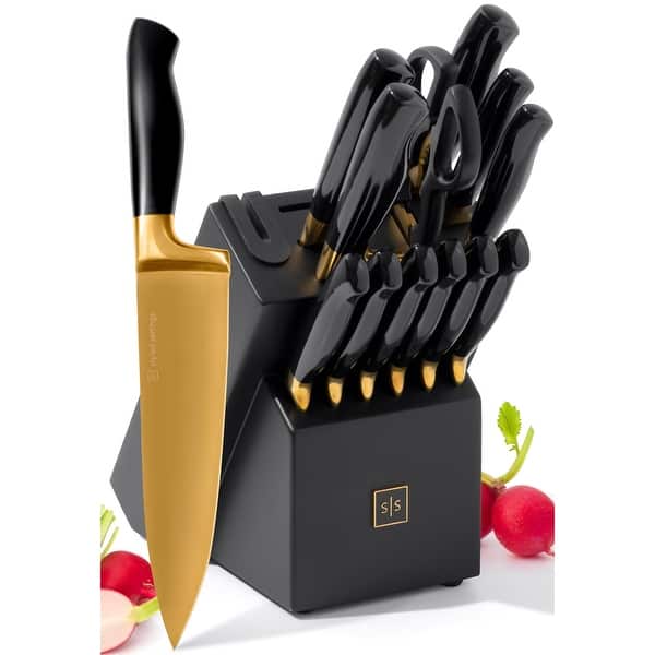 14 PC Gold Knife Set with Block and Sharpener Includes Full Tang Black and Gold Knives & Self ...