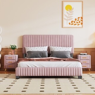 Pink Velvet Fabric Wingback Bed with 2 Nightstands - Queen Size - Bed ...