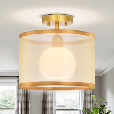 3-Light Black Gold Modern Drum Semi Flush Mount Seeded Glass Ceiling ...