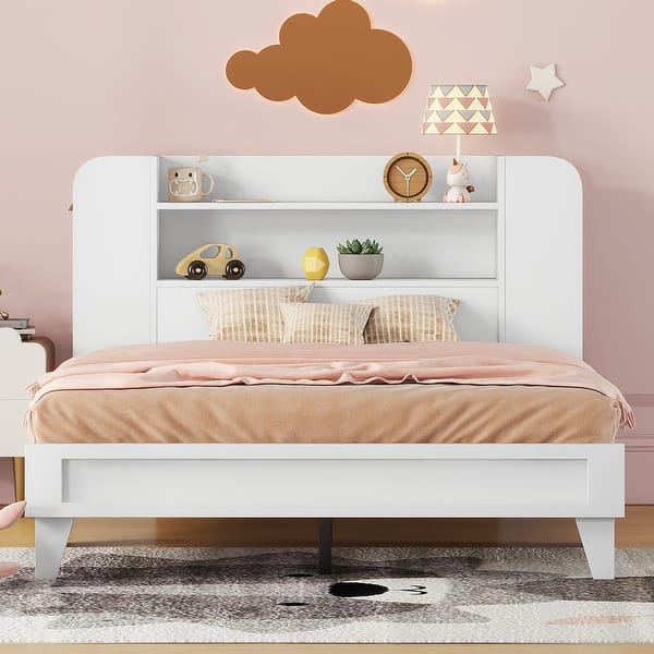 White Platform Bed with Bookshelf Storage Headboard, Compact Design ...