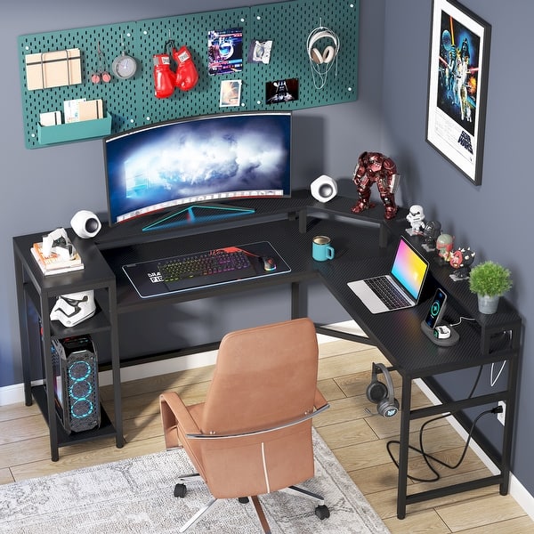 L-Shaped Desk with Power Outlets & LED Strips Gaming Desk with Shelves ...