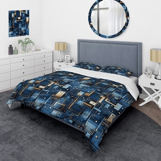 Designart "Industrial Cobalt Blue Harmony Geometric" Gold Modern Bed ...