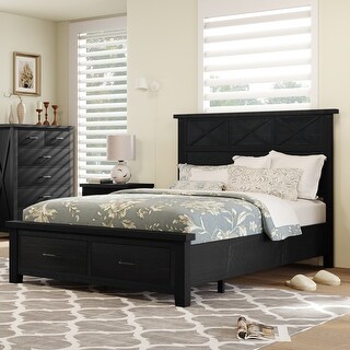 Coffee-Colored Queen Solid Wood Platform Bed with Two Footboard Drawers ...