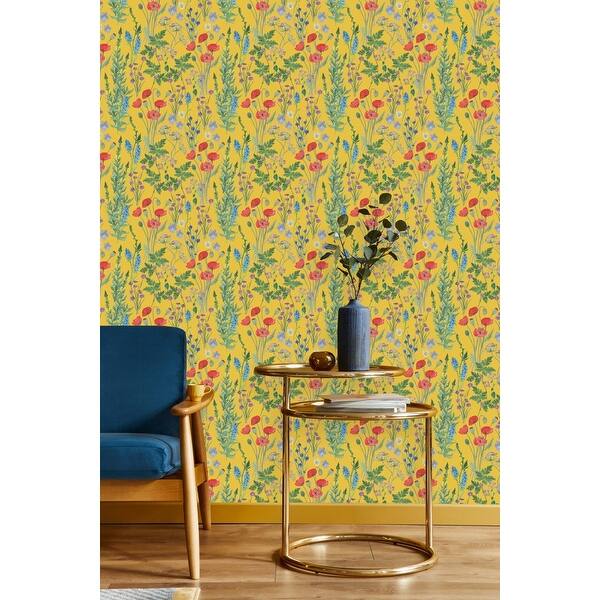 Brightly Yellow Wallpaper with Wildflowers Peel and Stick and Prepasted ...