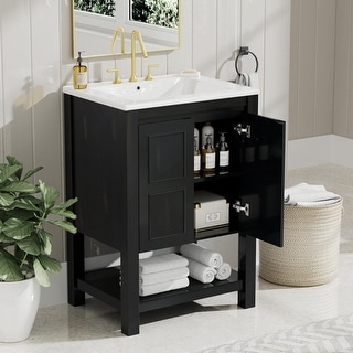 24 inch Bathroom Vanity Cabinet and Ceramic Sink with Open Shelf-2 Soft ...