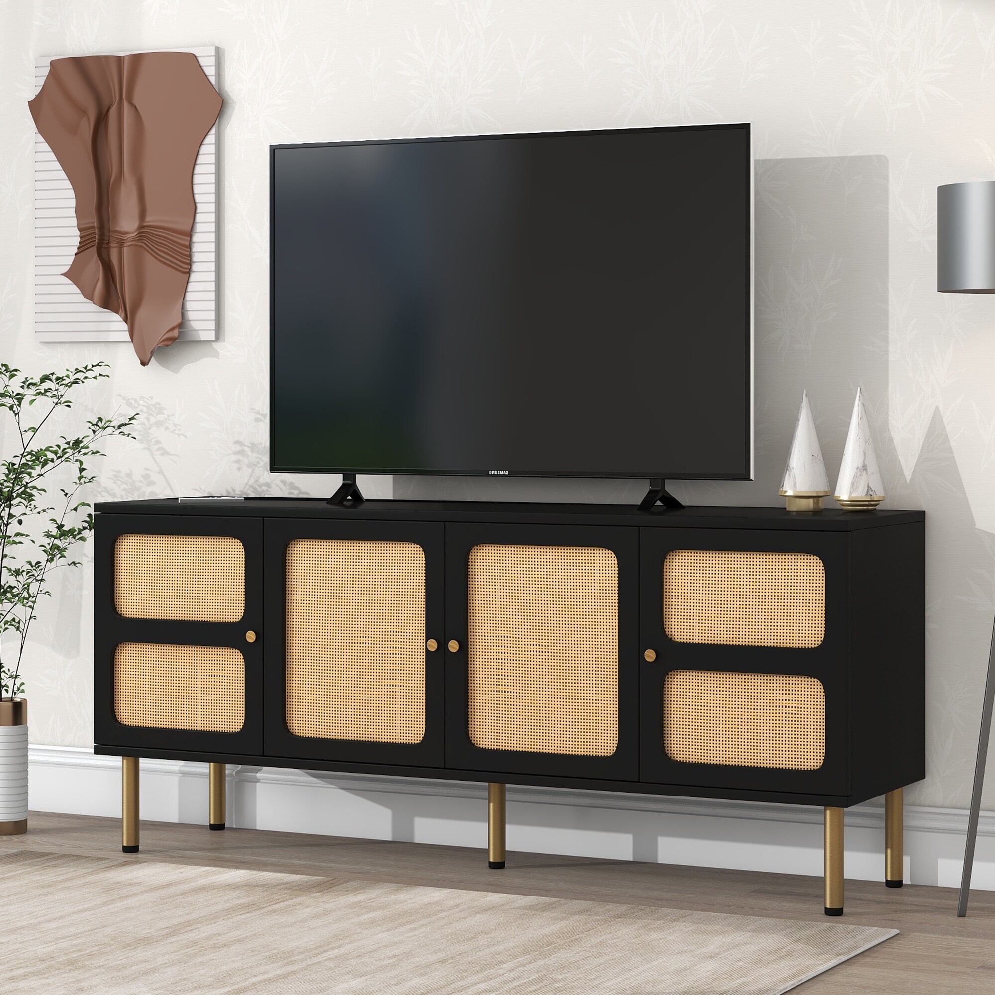 Elegant Boho style TV Stand with Rattan Door Woven Media Console Table for TVs Up to 70