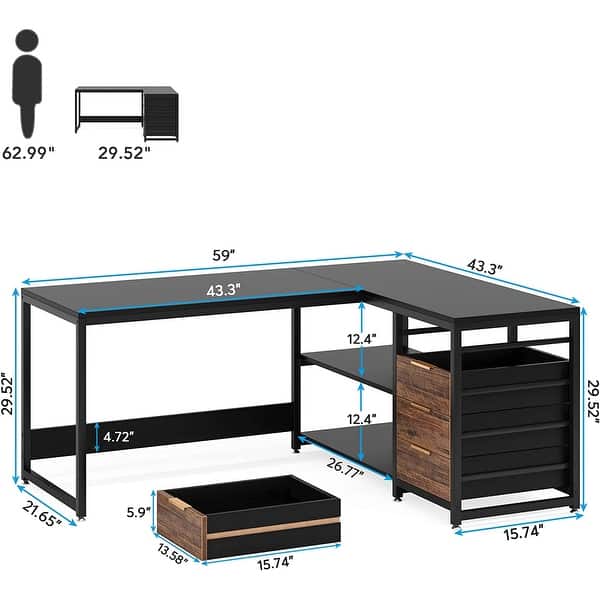 59 inch L Shaped Computer Desk with Storage Drawers for Home Office ...