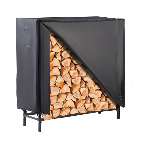 Sunnydaze Black Steel Outdoor Firewood Log Rack with Black Cover - 4 ...