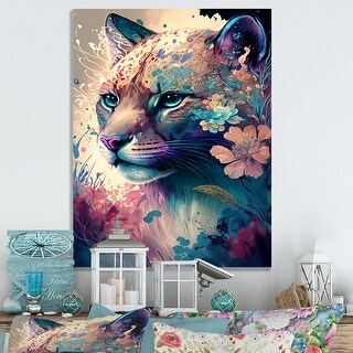 Designart 'Cute Puma Floral Art V' Animals Canvas Wall Art - Bed Bath ...