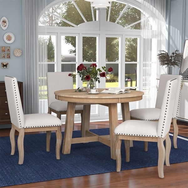 Merax 5-Piece Farmhouse Dining Set with Round Extendable Table - Bed ...