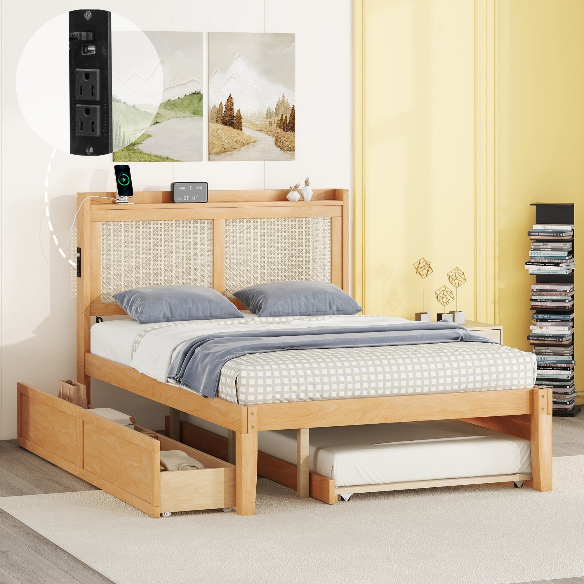 Full Size Elegant Bed Frame with Rattan Headboard and Sockets - Bed ...