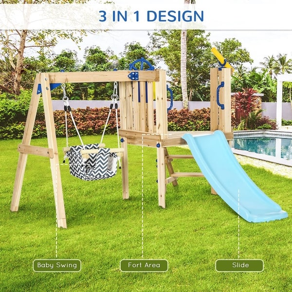 Outsunny 3 in 1 Wooden Swing Set with Slide, Baby Swing Seat, Fort ...