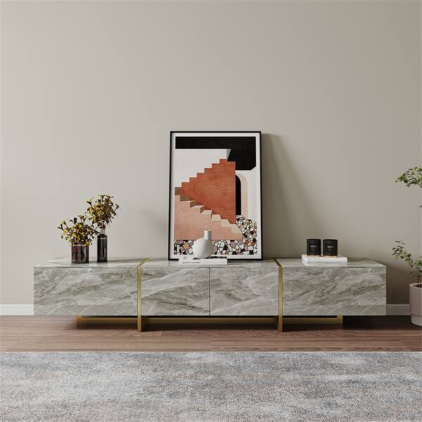 Glossy Stone TV Console with 4 Pinewood Drawers Stainless Steel Frame ...