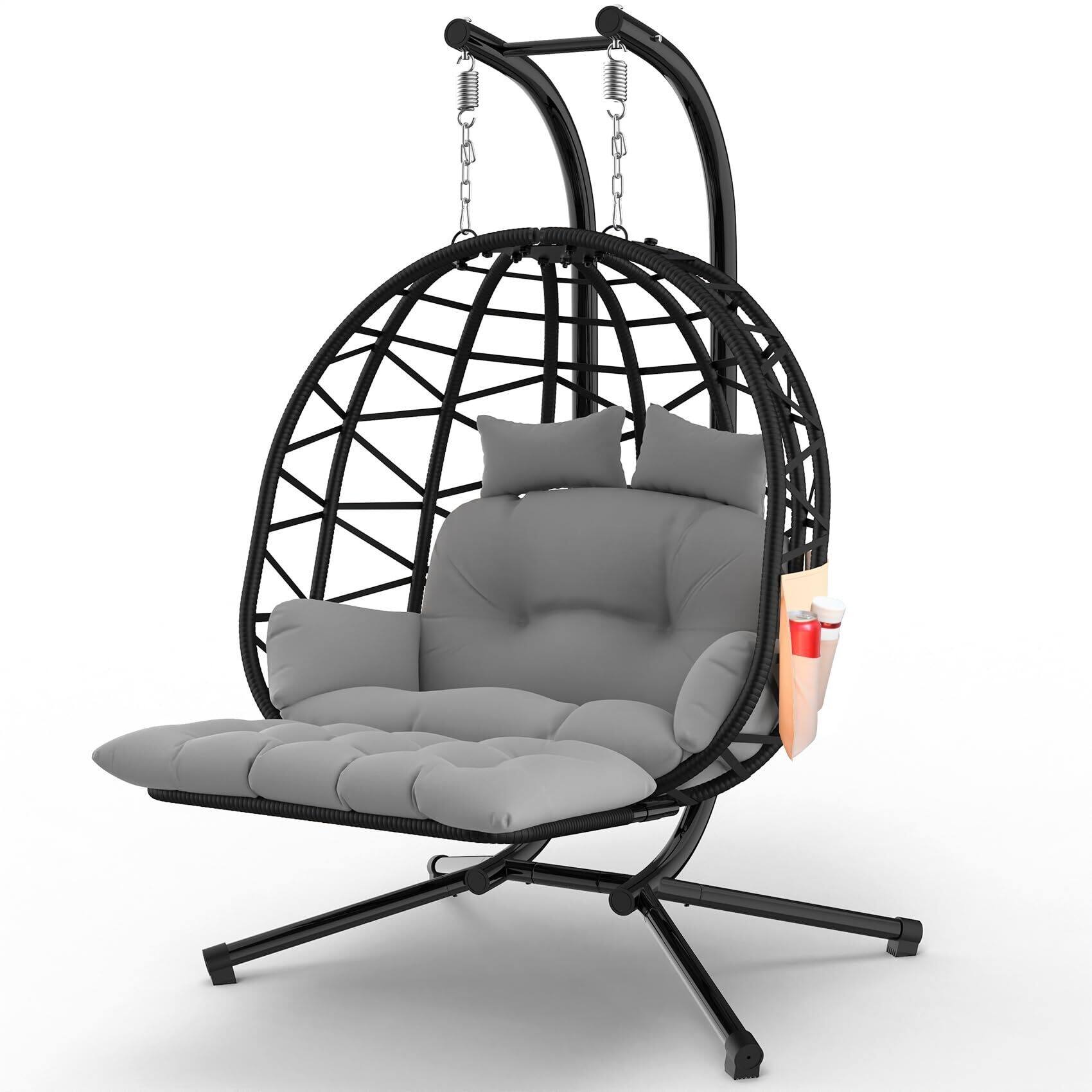 Double Egg Chair with Stand Leg Rest 2 Person Rattan Wicker Swing Chair with UV Resistant Cushion and Pillow