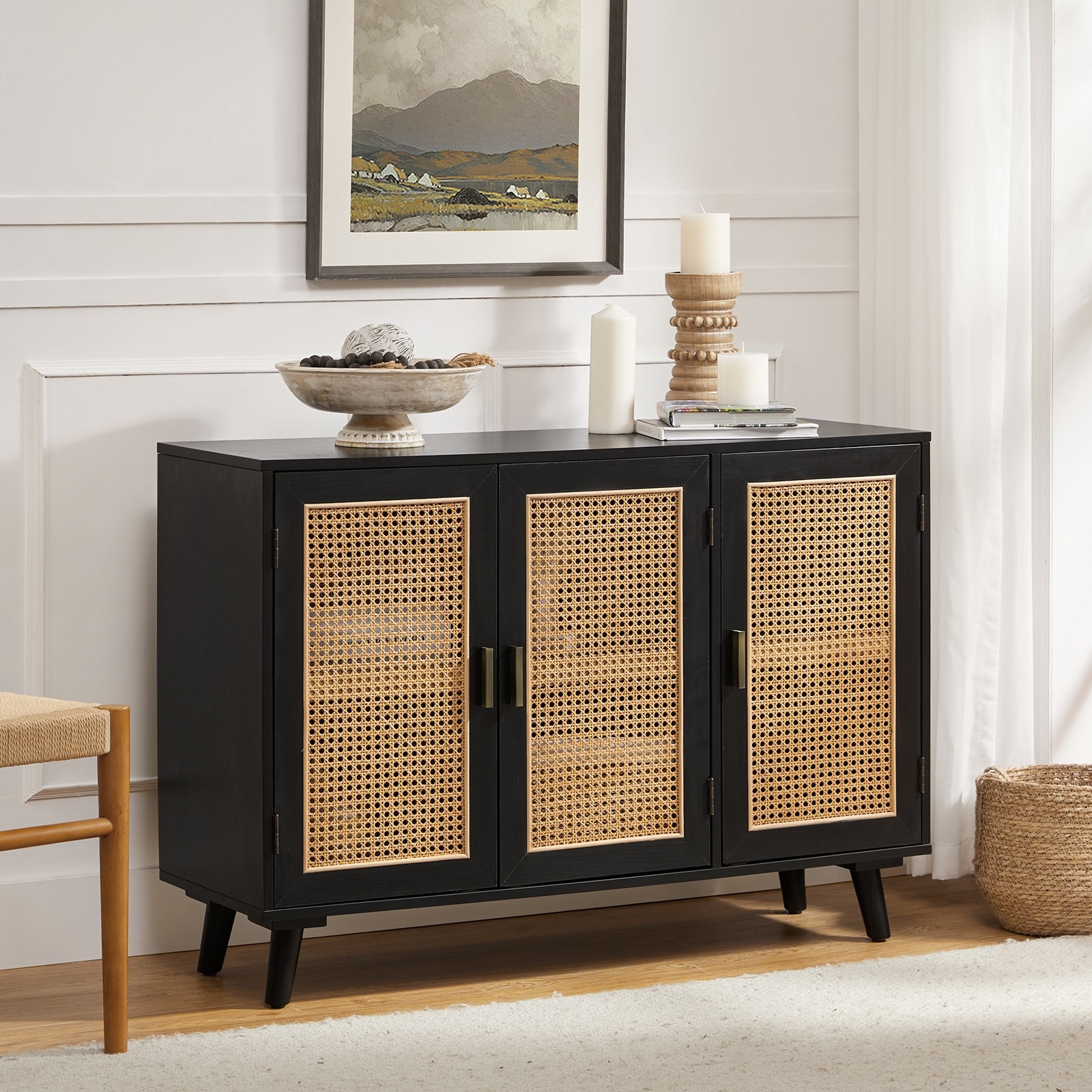 Anmytek 47" W Black Buffet Sideboard 3-Drawer 2 Door Accent Rattan ...
