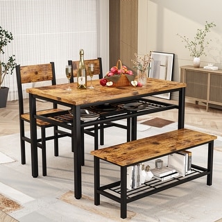 Industrial Dining Table Set for 4, 4 Piece Kitchen Table with Bench and ...